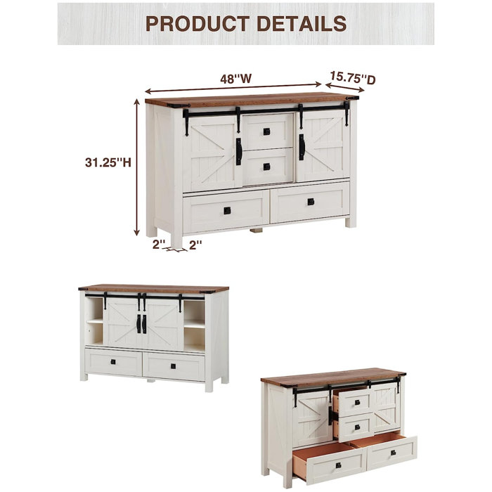 Gracie Oaks Terramuggus 48"W Farmhouse Chest of Drawers, Bedroom Dresser with 4 Drawers ...